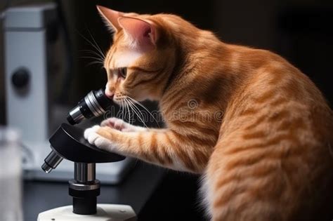 Feline Scientist Using Microscope To Examine Cells Under The Microscope