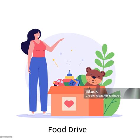 행복한 여자는 수프 접시 음식 상자를 손에 들고 있습니다 푸드 드라이브 사회 복지 자원 봉사 가난한 사람들에 대한 지원 및 도움 식품 기부의 개념 웹 배너에 대 한 만화