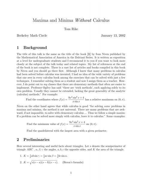 Maxima And Minima Without Calculus Berkeley Math Circle