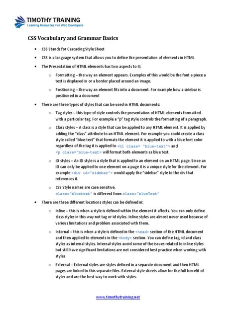 Css Vocabulary And Grammar Basics Pdf Html Element Cascading