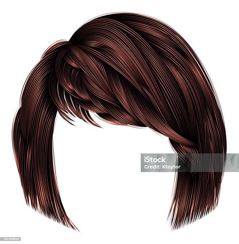 프린지와 함께 최신 유행 여자 머리카락 케어입니다 진한 갈색 색상입니다 중간 길이입니다 뷰티 스타일입니다 현실적인 3d 이미지입니다 가발에 대한 스톡 벡터 아트 및 기타