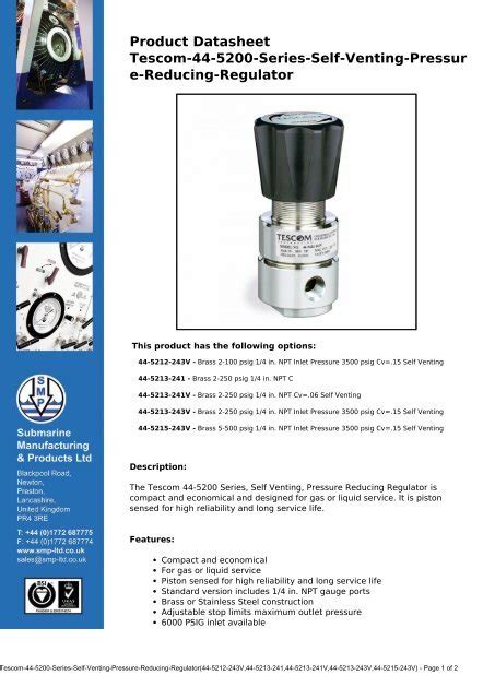 Tescom 44 5200 Series Self Venting Pressure Reducing Regulator