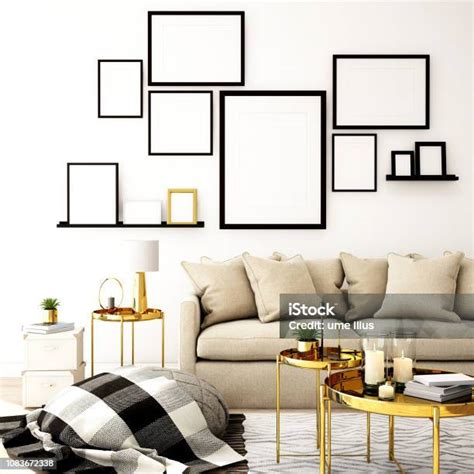 나무 바닥 및 백색과 스 칸디 나 비아 스타일 배경에서 검정에 거실에 소파 공장 Sidetable 리셉션 인테리어 디자인 소품 3d 그림 3 차원 렌더링 0명에 대한 스톡