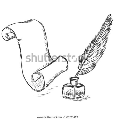 Vector Sketch Illustration Scroll Pen Inkwell Stock Vector Royalty