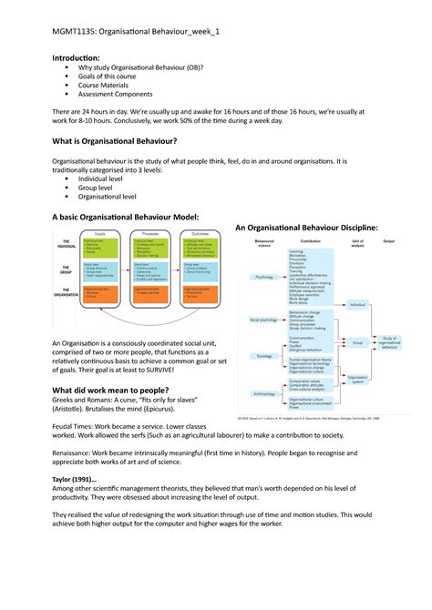 Introduction L01 Lecture Notes 1 MGMT1135 Organisational Behaviour