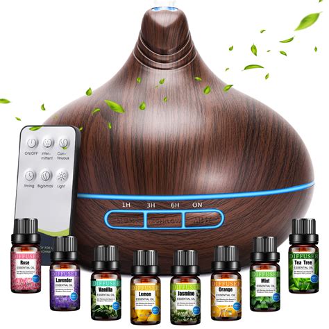 Noahstrong 500ml Oil Diffuser Aromatherapy Set 8 10ml Oils Woodgrain Humidifier With Remote