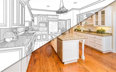 Diagonal Split Screen Of Drawing And Photo Of New Kitchen 16363593