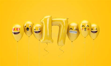 Number 17 Yellow Birthday Emoji Faces Balloons 3d Render Stock