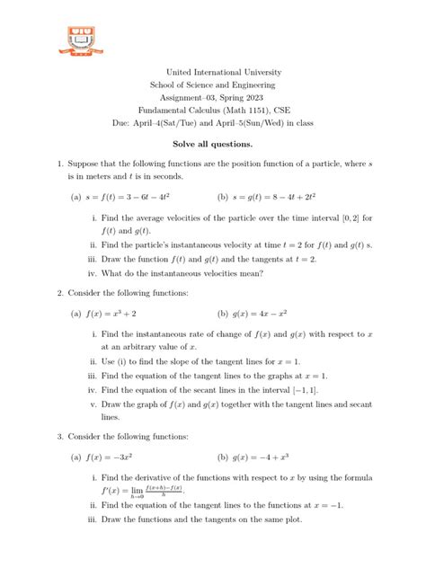 Fundamental Calculus Assignment 03 Cse Spring 2023 Pdf Derivative Tangent