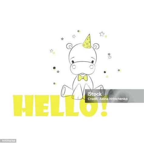 벡터 귀여운 하마 만화 캐릭터입니다 어린이를 위한 카드 초대장 큰 글자를 가진 아기 하마 안녕하세요 귀여운에 대한 스톡 벡터 아트 및 기타 이미지 Istock