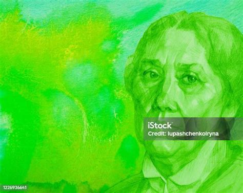 봄 색상의 밝은 녹색의 그림 같은 배경에 긴 머리를 가진 꽃가늘 아름다운 노인 얼굴 영혼 수채화 그림 인상주의 상징적 인 수평 초상화의 예술 비유 청소년의 유행 삽화 현대