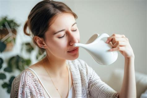 Beautiful Woman Using Neti Pot One Woman Young Lady Using Neti Pot At
