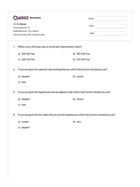 quizizz 4 1 4 3 review pdf trigonometric functions trigonometry