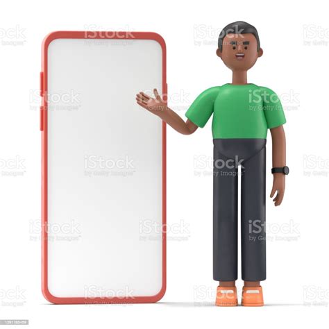 큰 전화와 웃는 아프리카 계 미국인 남자 데이비드의 3d 그림 화면을 손가락으로 가리키는 남자를 서있는 만화 캐릭터의 초상화