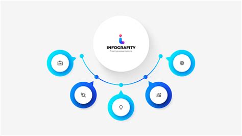 5가지 연결된 요소가 있는 비즈니스 조직도를 보여주는 인포그래픽입니다 깔끔하고 현대적인 디자인은 워크플로우 및 계획 개념에 대한 시각을 강조합니다 0명에 대한 스톡 벡터