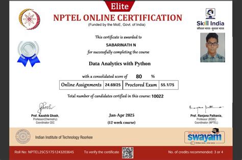 Completed An Nptel Course On Data Analytics With Python And Scored 80