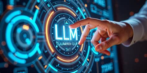 Hand Touching Glowing Llm Icon And Business Analytics Interface Stock