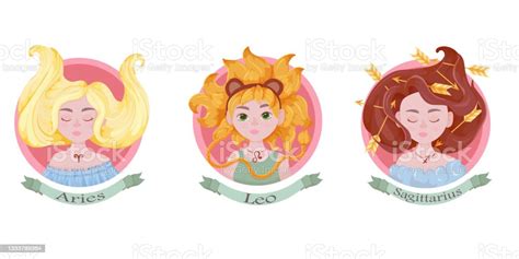 무성한 머리를 가진 아름다운 소녀로 조디악 기호 조디악의 밝은 징후세트 운세 천문학 흰색 배경에서 격리된 벡터 그림입니다 궁수자리에 대한 스톡 벡터 아트 및 기타 이미지