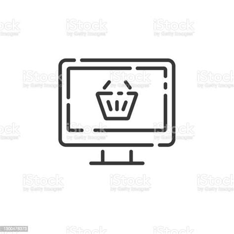 온라인 상점 얇은 라인 아이콘 컴퓨터 화면 및 쇼핑 바구니 개요 커머스 벡터 일러스트레이션 0명에 대한 스톡 벡터 아트 및 기타