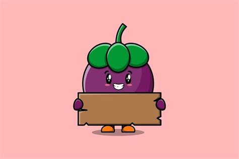 빈 나무 텍스트 보드 벡터 아이콘 그림을 들고 귀여운 만화 망고스틴 캐릭터 프리미엄 벡터