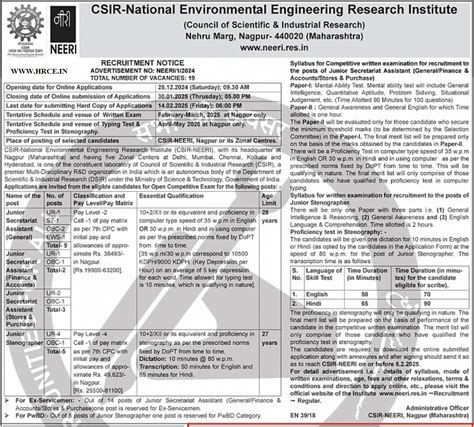 CSIR NEERI Recruitment 2024 Apply For Junior Seretariat Assistant And Other Posts