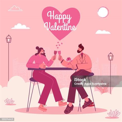 발렌타인 데이 인사말 카드입니다 야외에서 로맨틱 한 데이트 저녁 식사를 하는 젊은 사랑 커플 현대 플랫 스타일 벡터 일러스트 개념에 대한 스톡 벡터 아트 및 기타 이미지