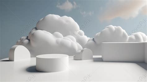 원형 플랫폼 위에 떠 있는 3d 흰 구름 최소 디지털 일러스트레이션 천국 배경 연기 배경 원형 플랫폼 배경 이미지
