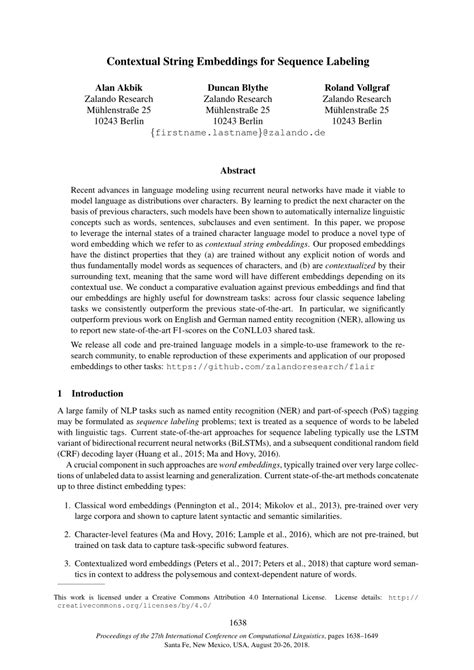 Pdf Contextual String Embeddings For Sequence Labeling