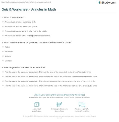 Quiz And Worksheet Annulus In Math