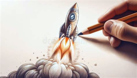 Hand With Pencil Drawing A Space Rocket On A Sheet Of Paper Generative Ai Stock Illustration