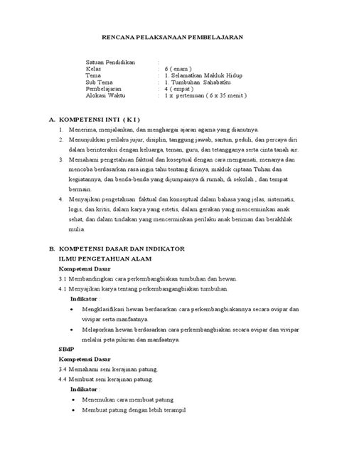 Rpp Kelas 6 Tema 1 Subtema 1 Pb 4 Pdf Sains And Matematika
