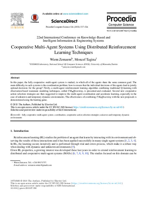 pdf cooperative multi agent systems using distributed reinforcement learning techniques