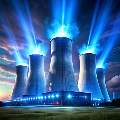 Hightech Power Station With Glowing Reactors Emitting Blue Energy Beams Into The Sky Premium