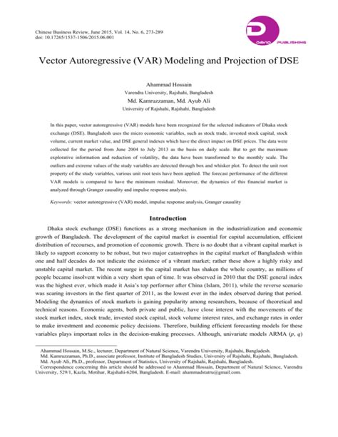 VAR Modeling Of Dhaka Stock Exchange DSE