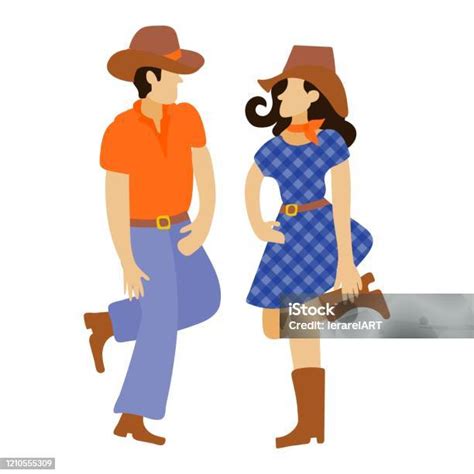평평한 스타일의 모자와 부츠에서 재미있는 만화 카우보이와 카우걸 춤 경쟁 축제 댄스 학교에 대한 포스터 디자인흰색 배경에 고립 된 벡터 일러스트레이션 개척시대의 서부에 대한