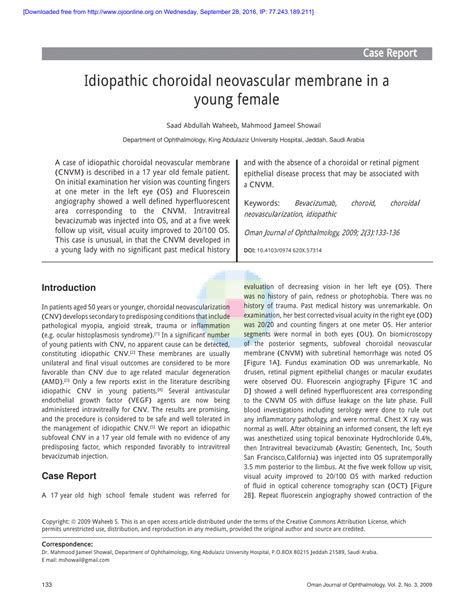 Pdf Idiopathic Choroidal Neovascular Membrane In A Young Female