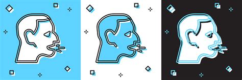 파란색과 흰색 검은 색 배경에 격리 된 남자 기침 아이콘을 설정합니다 바이러스 감염 인플루엔자 독감 감기 증상 결핵 유행성