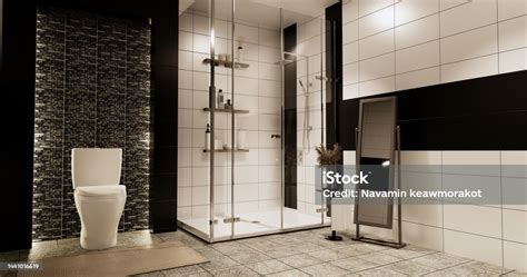 화강암 타일 흰색과 검은 색 벽 디자인 화장실 현대적인 스타일의 객실 3d 일러스트레이션 렌더링 0명에 대한 스톡 사진 및 기타 이미지 Istock