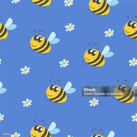 범블비 카모마일 꽃으로 매끄러운 패턴 파란색 배경입니다 노란색 회색 파란색 및 분홍색 만화 스타일 귀엽고 재미있습니다 어린이 엽서 벽지 섬유 포장지 인쇄용 0명에 대한 스톡