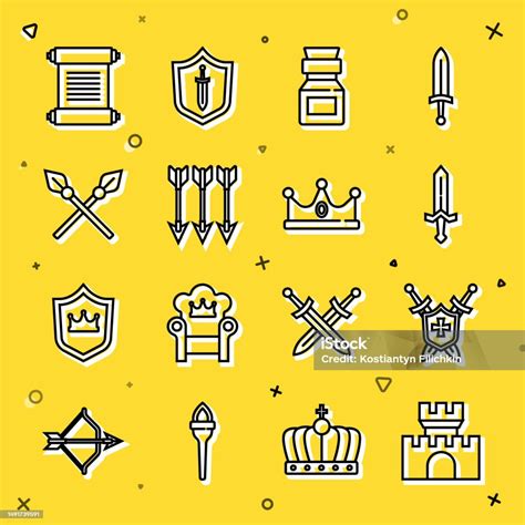 라인 성 요새 칼이 달린 중세 방패 병에 든 독 교차 화살 중세 창 법령 양피지 두루마리 및 왕관 아이콘을 설정하십시오 벡터 가구에 대한 스톡 벡터 아트 및 기타 이미지
