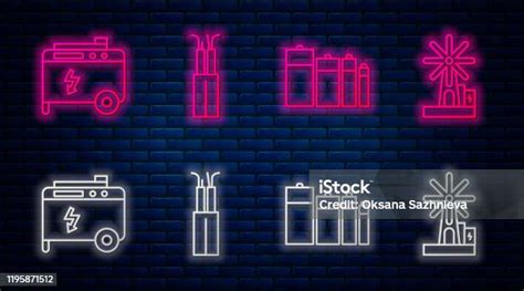 설정 라인 전기 케이블 배터리 휴대용 전력 전기 발전기 및 풍력 터빈 벽돌 벽에 빛나는 네온 아이콘입니다 벡터 0명에 대한 스톡 벡터 아트 및 기타 이미지 Istock