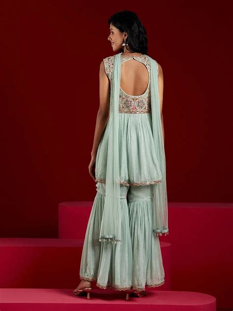 Buy Libas Art Powder Blue Embroidered Chiffon A Line Sharara Suit Set