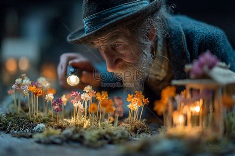 Gambar Pria Tua Itu Mengamati Bunga Bunga Kecil Dengan Kaca Pembesar