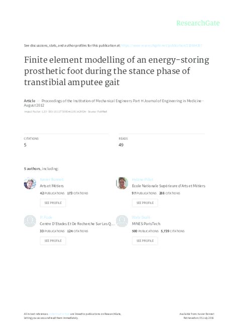 Pdf Finite Element Modelling Of An Energy Storing Prosthetic Foot During The Stance Phase Of