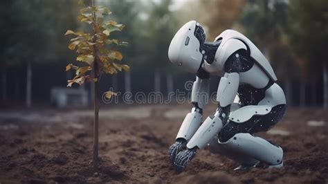 AI Robot Planting A Tree Ecology Technology Humanoid Go Green Generative AI Stock