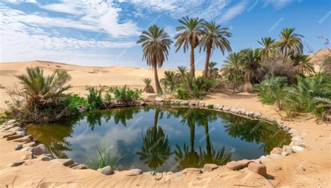 Oasis Pond In Desert Landscape With Palm Trees Premium Ai Generated Image