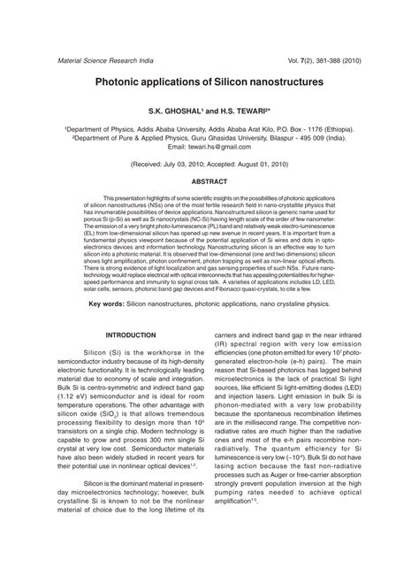 Pdf Photonic Applications Of Silicon Nanostructures
