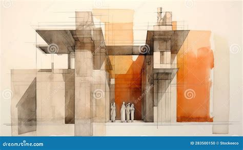 Parametric Architecture Drawing With Rothko Minimalist Ink Wash In The