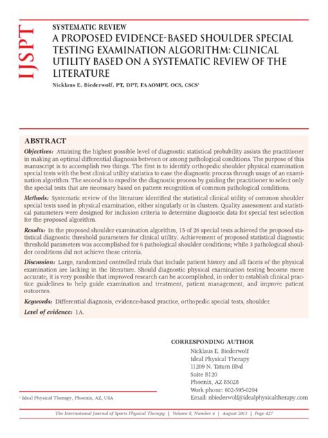 A Proposed Evidence Based Shoulder Special Testing Examination