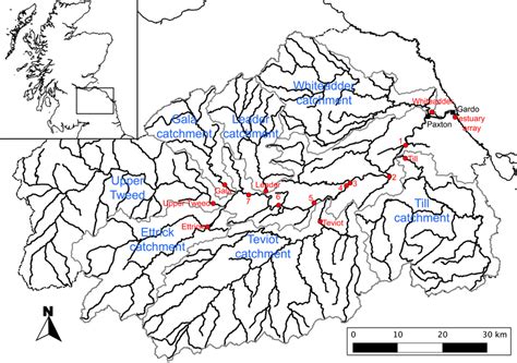 1 Map Of The Tweed Catchment And Sub Catchments Red Circles Represent